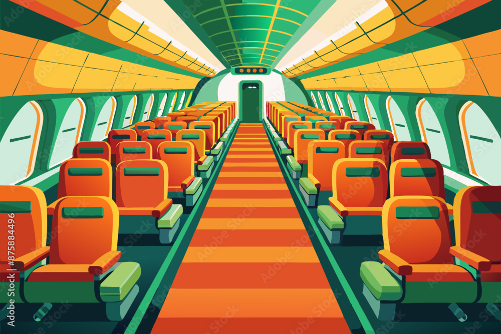 An interior view of an airplane cabin with rows of orange seats and a ...