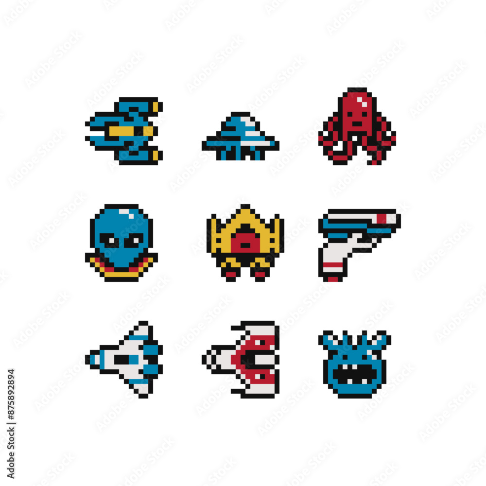 Video Game Spaceship And Characters Pixel Art Style Icon Sci Fi Game Logo Sticker Design 8