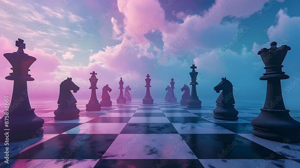 Black chess pieces on a reflective chessboard under a pink and blue sky ...