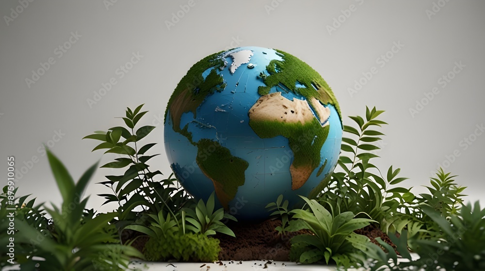 ภาพประกอบสต็อก 3D Globe Surrounded by Plants for Earth Day and World ...
