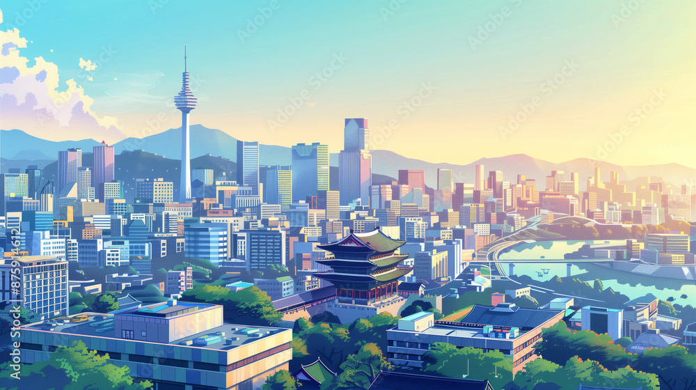 panorama of the city, Illustration of Seoul city, South Korea's ...