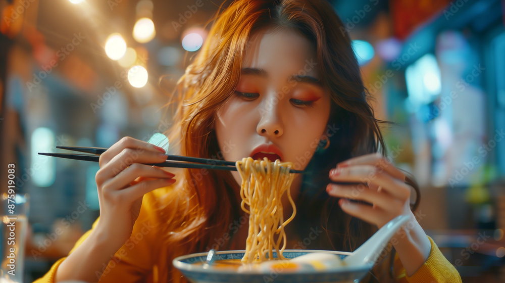 girl eating korean spicy ramen, A pretty Korean girl eating spicy ramen ...