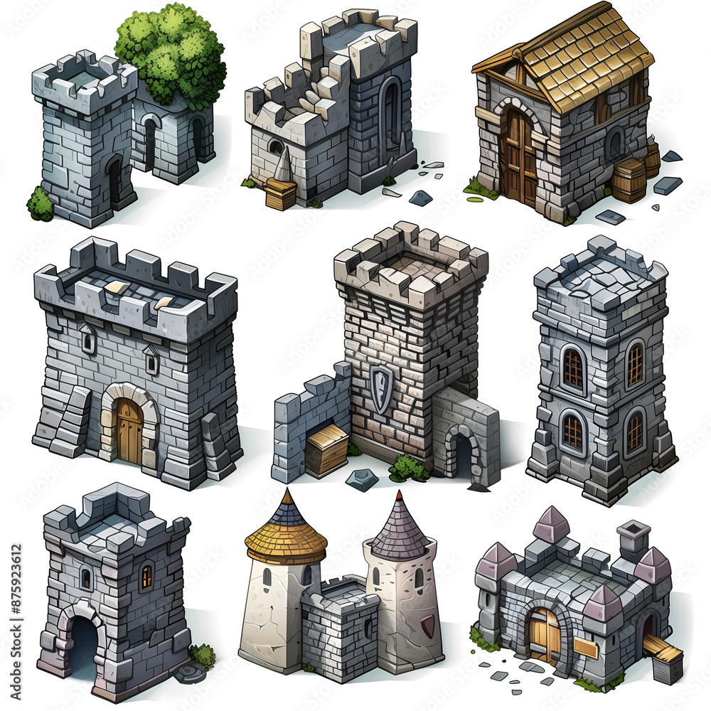 et of isometric fantasy buildings, stone walls and towers Stock ...