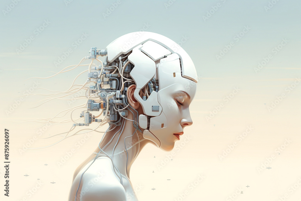 Profile view of woman robot with closed eyes. Artificial intelligence ...