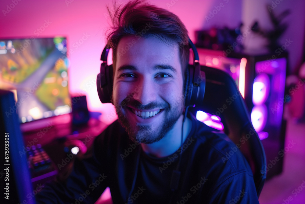 Web camera view portrait of bearded gamer smiling while streaming from ...