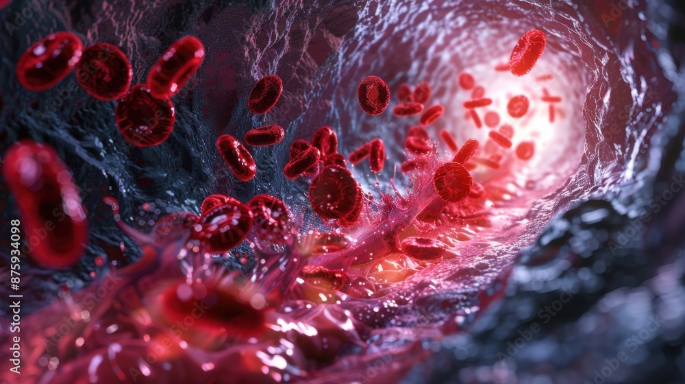 Red blood cells flowing through a blood vessel, illustrating the ...