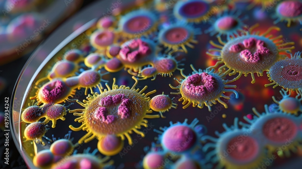 The germs in the petri dish, 3d rendering. Microscopic germs inside a ...