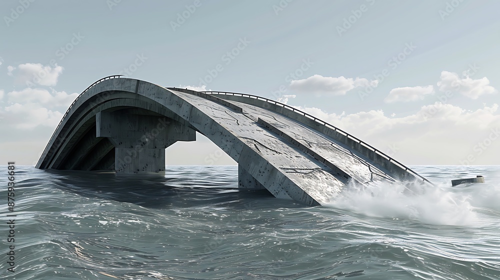 Structure crushed by flooding damaging an ocean bridge very detailed ...