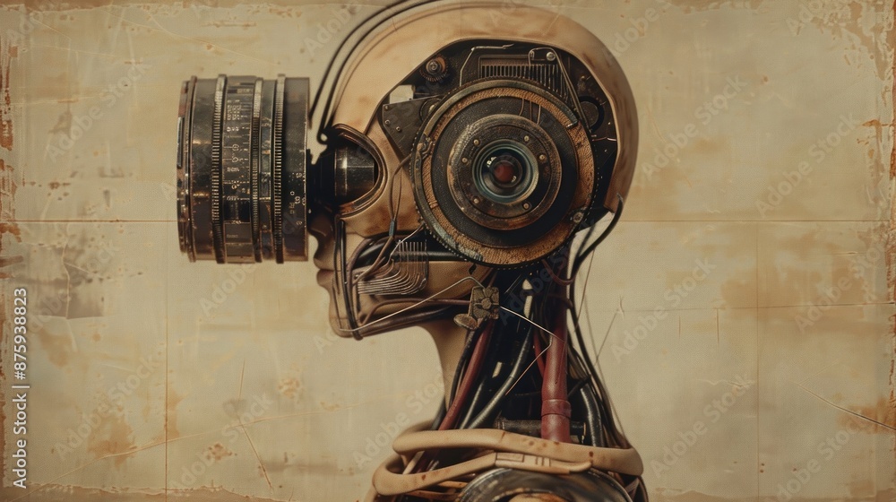 An imaginative 3D portrait of a person with a human body and a vintage ...