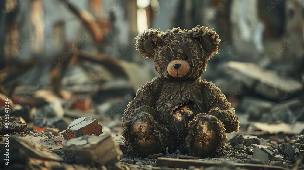 Teddy bear burned destruction of an aftermath war conflict very ...