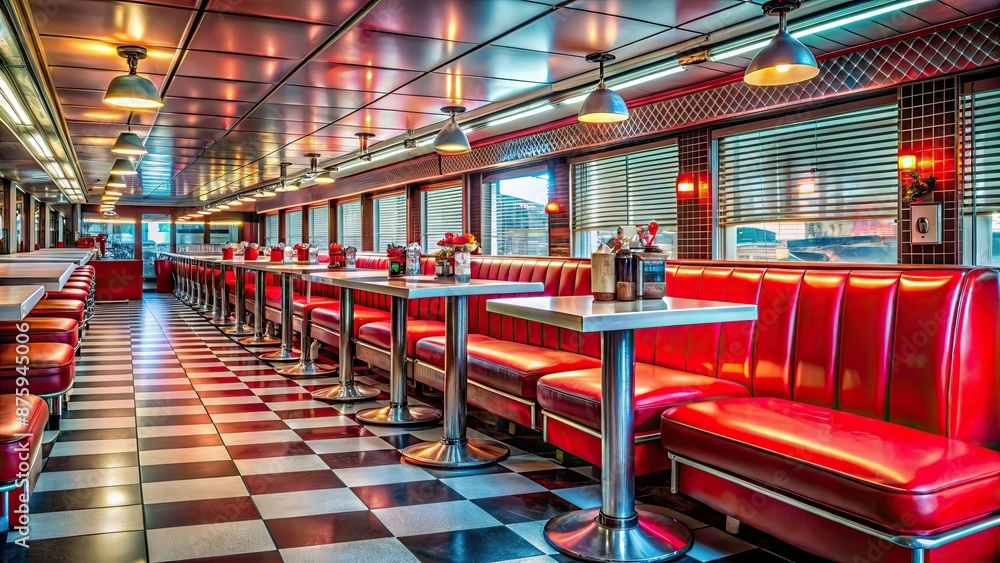 Nostalgic diner with neon signs and red leather booths, retro, vintage ...