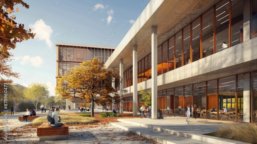 Contemporary university campus architecture, featuring a blend of ...