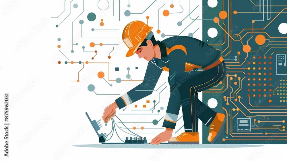 Electrician fixing a circuit board clipart, flat vector art, technical ...