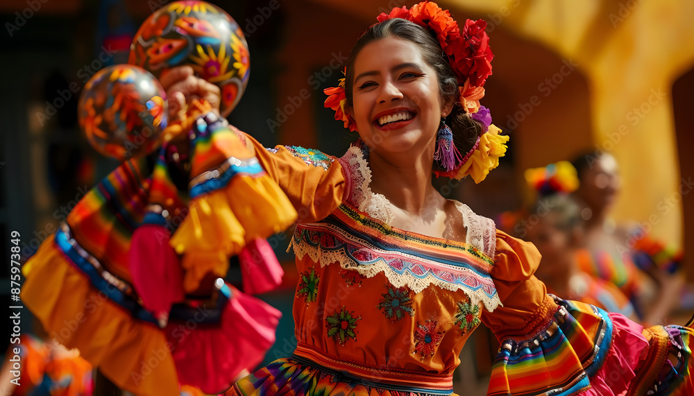 An exuberant Mexican woman in traditional attire performing a lively ...