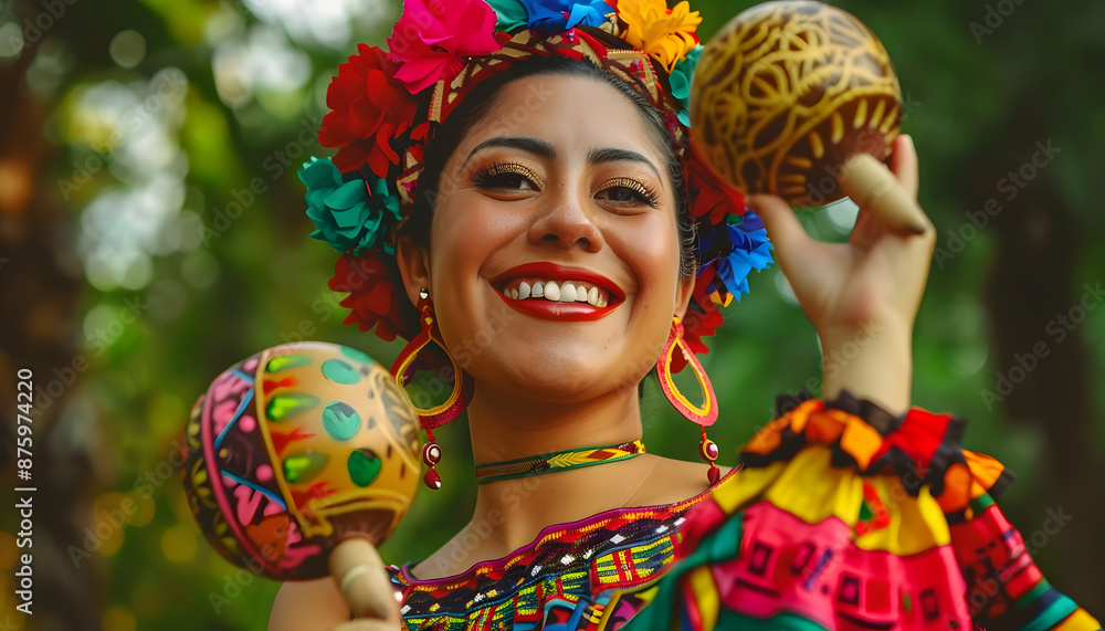An exuberant Mexican woman in traditional attire performing a lively ...