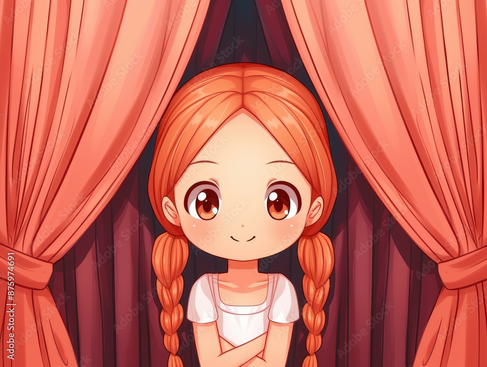Adorable manga illustration of shy girl peeking out from curtain in ...