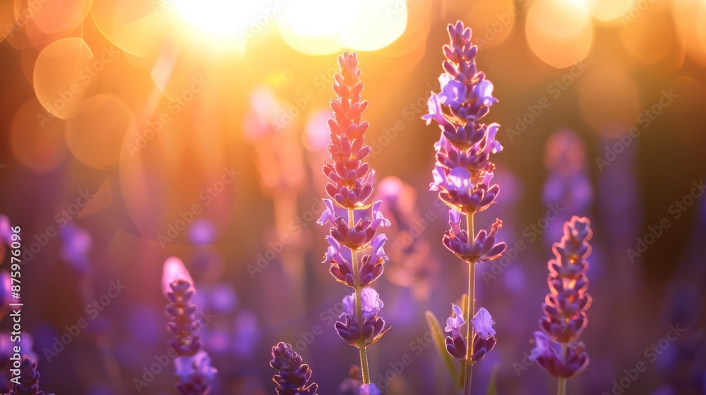 Beautiful lavender flower garden in the afternoon the round sun sinks ...