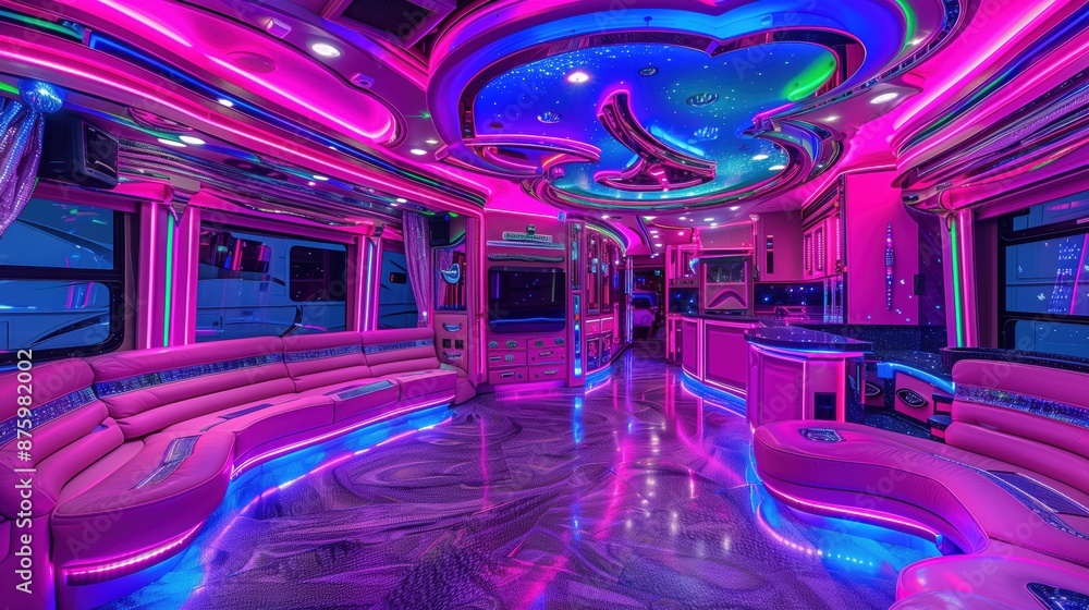 Luxurious neon-lit modern interior of a stylish party bus with sleek ...