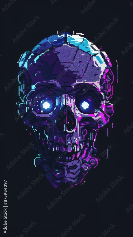 8 bit pixel art of cyberpunk skull front view black background video ...