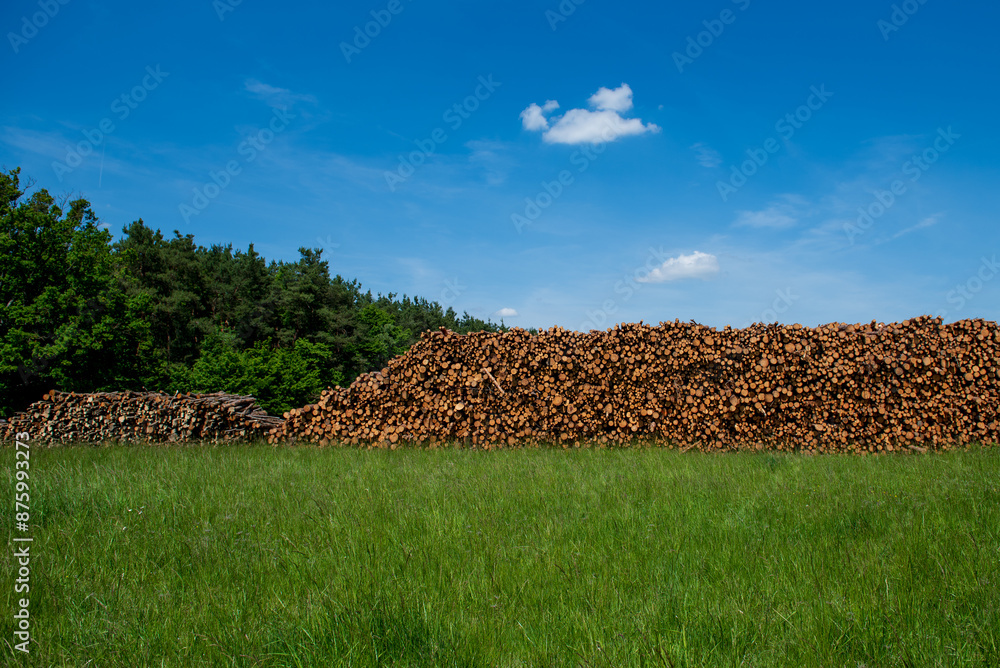 .Tree logs stacked high in a forest with blue sky background. Landscape ...