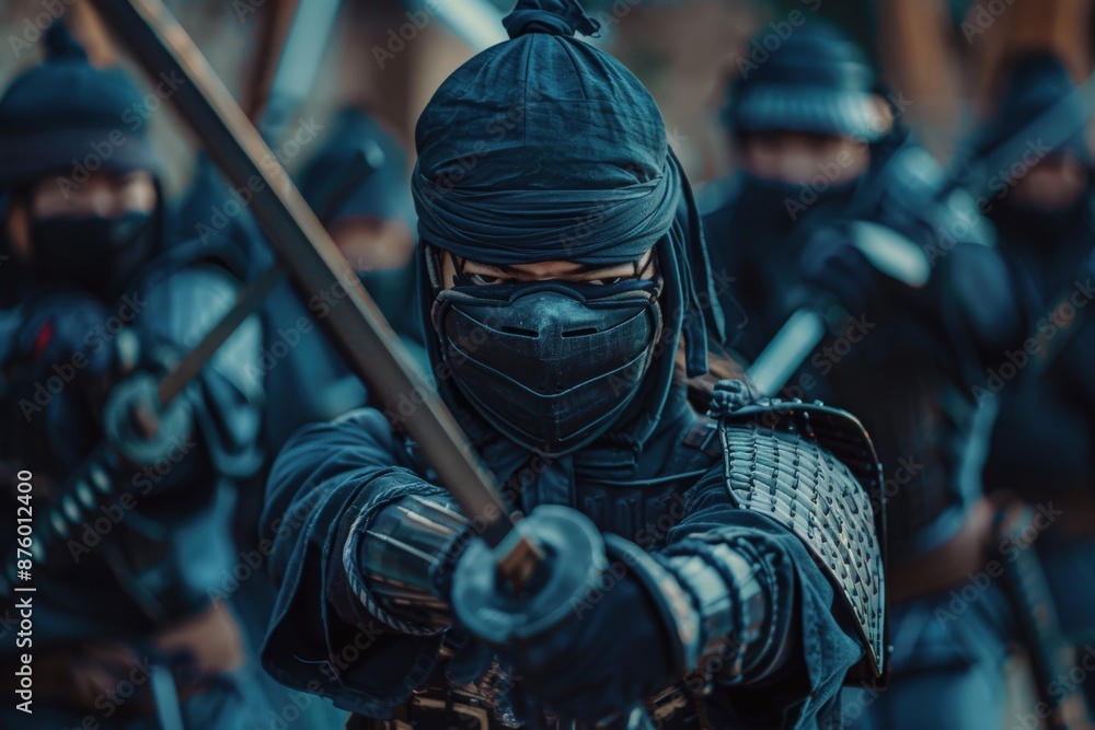 A fierce samurai warrior is shown holding his sword in a battle stance, ready to strike. The ...