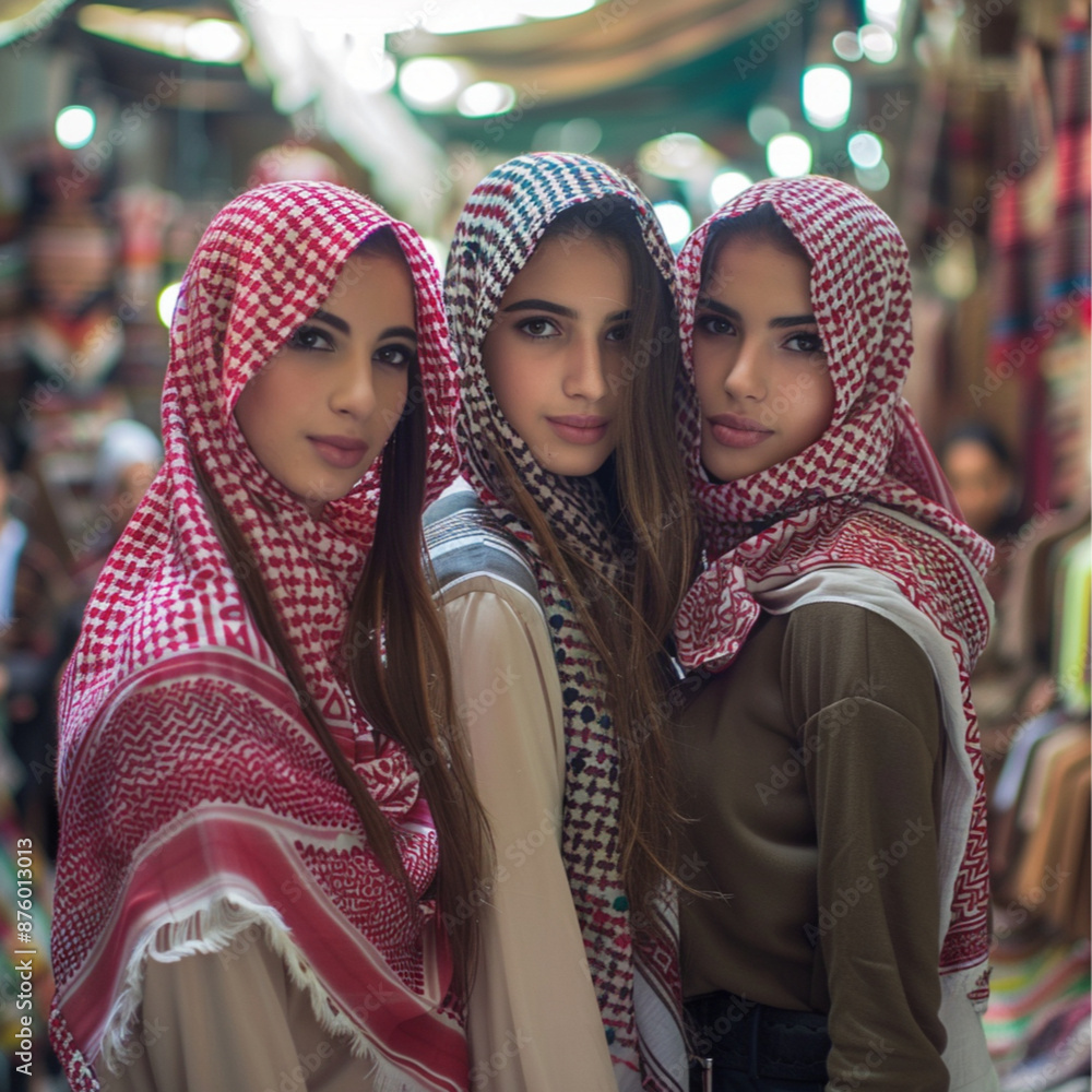 three arabic female models wearing Palestinian keffiyehs with a red and ...