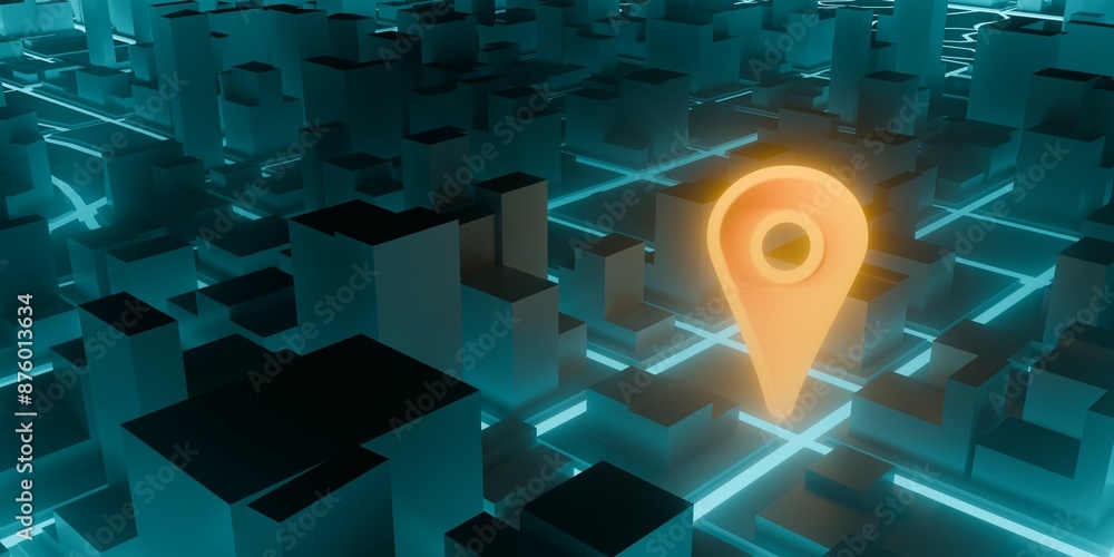 Glowing location marker or pin on abstract city model background with ...