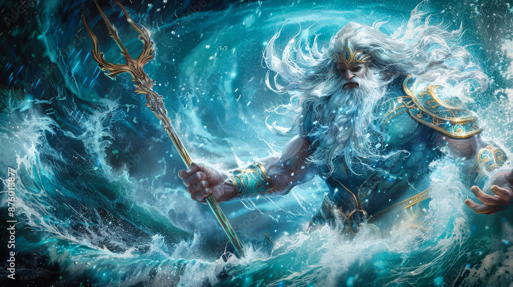 Poseidon, the Greek god of the seas, surrounded by ocean waves Stock ...