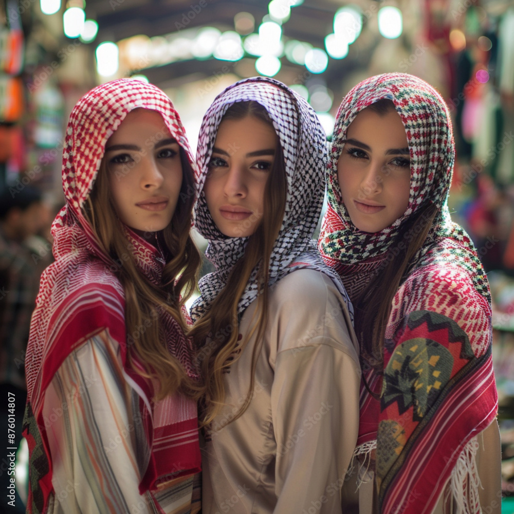 three arabic female models wearing Palestinian keffiyehs with a red and ...