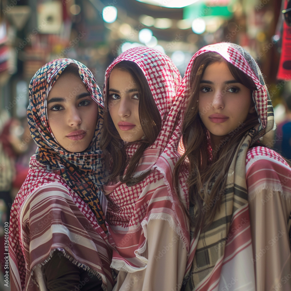 three arabic female models wearing Palestinian keffiyehs with a red and ...