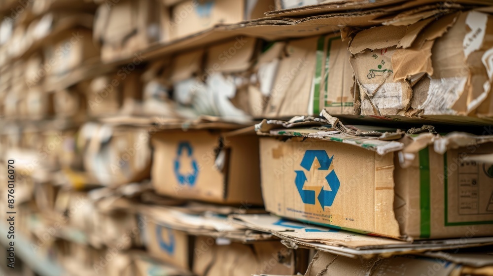 Stacks of paper and cardboard labeled with the international recycling ...