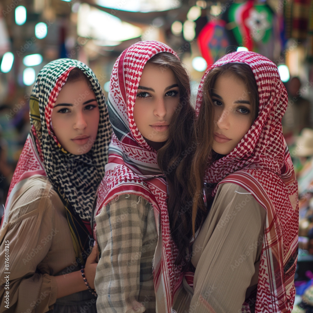 three arabic female models wearing Palestinian keffiyehs with a red and ...