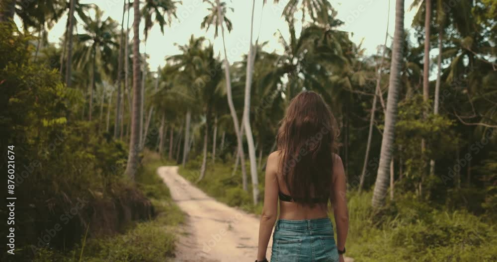 Female tourist walk jungle tropical forest trail. Long hair caucasian ...