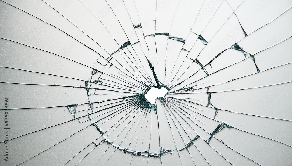Broken glass, shuttered in circular pattern with a hole in the middle ...