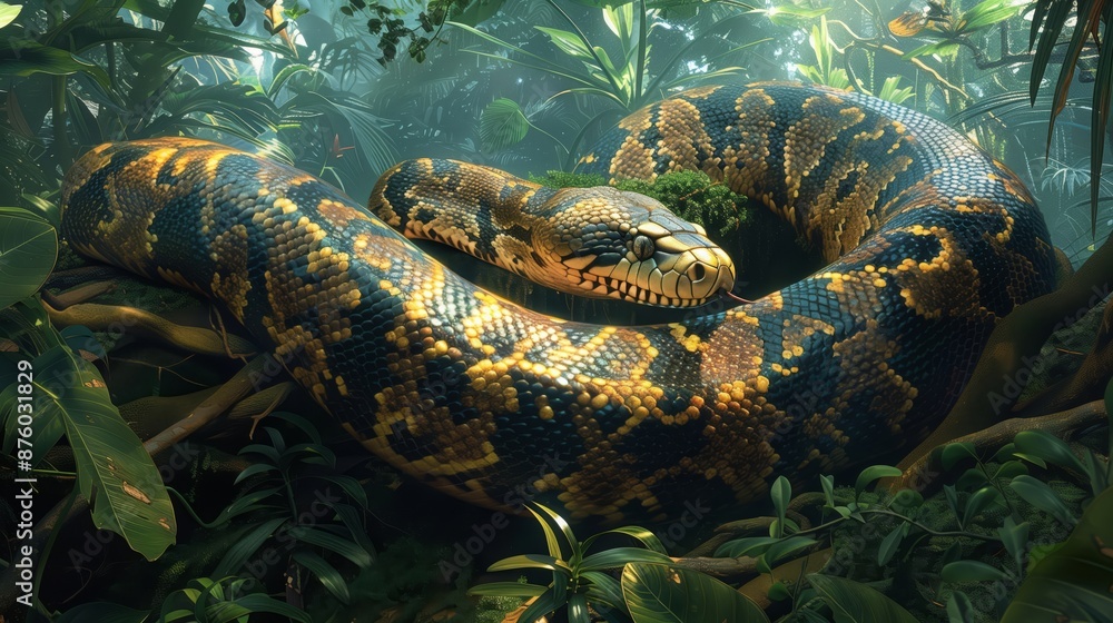 Anaconda in the Amazon- A massive anaconda slithers through the dense ...