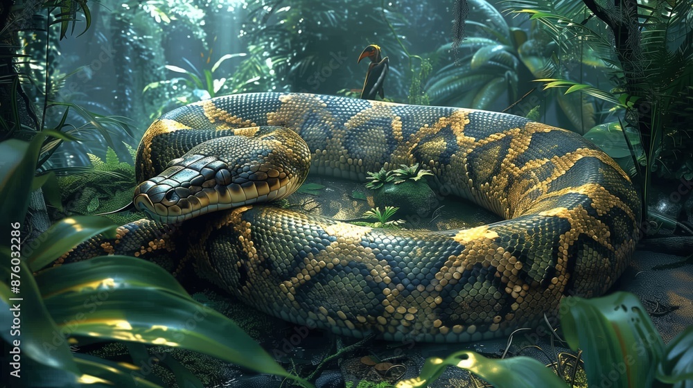 Anaconda in the Amazon- A massive anaconda slithers through the dense ...