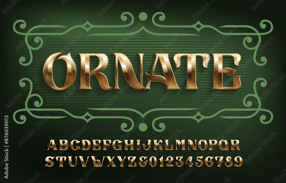 Ornate alphabet font. 3d golden letters and numbers. Stock vector ...