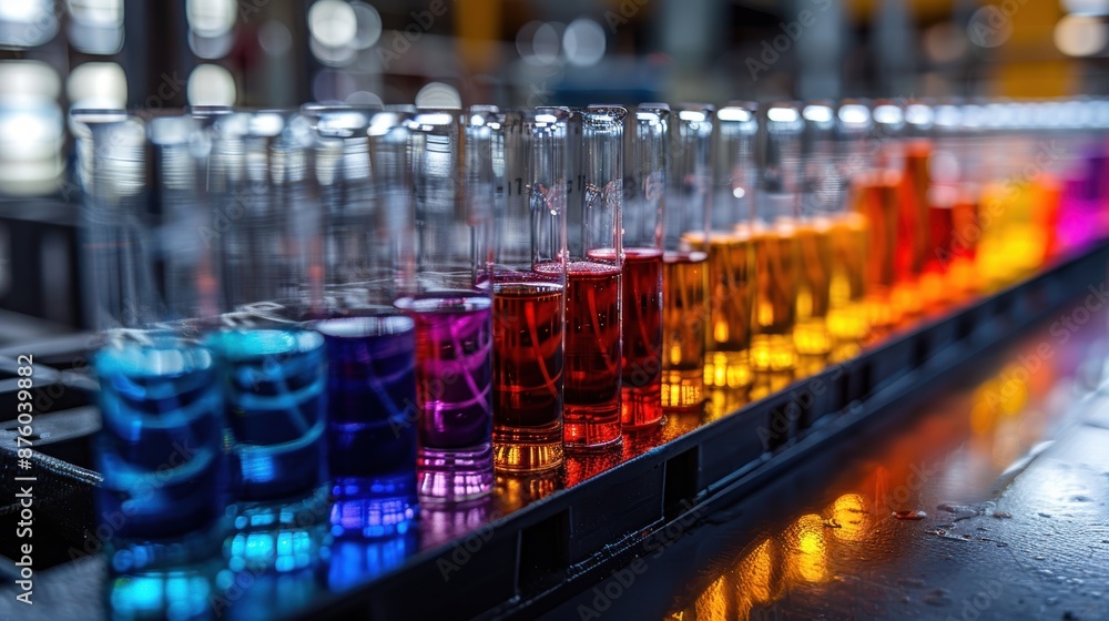 A vibrant array of chemical solutions in numerous test tubes ...