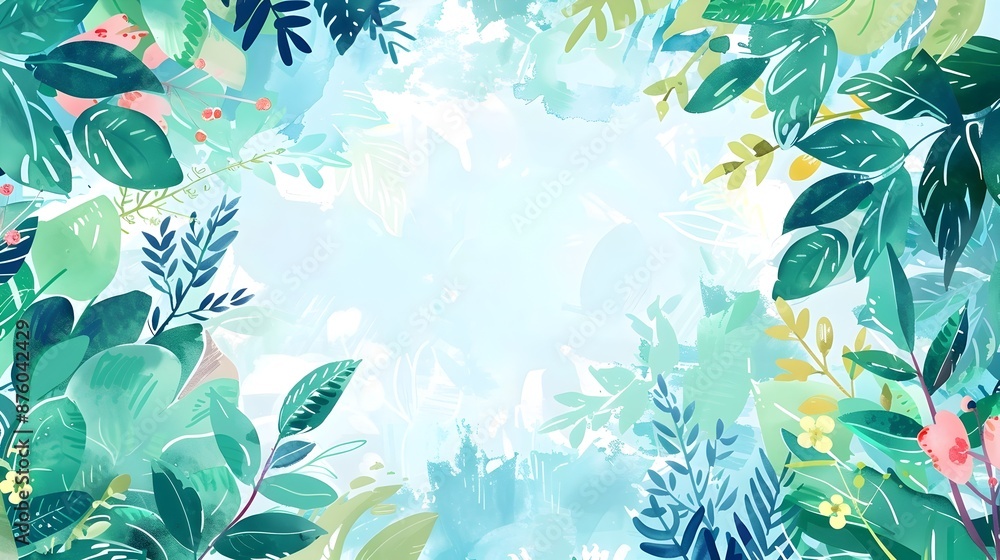 Lush Botanical Doodle Border with Tranquil Lakeside Backdrop for Blank ...