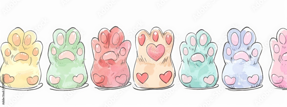 Cute cat paws holding hearts, a simple doodle vector clipart with a ...