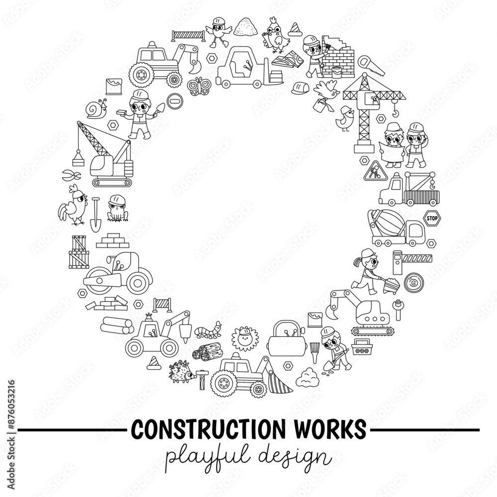 Vector black and white construction site round border frame with kid ...