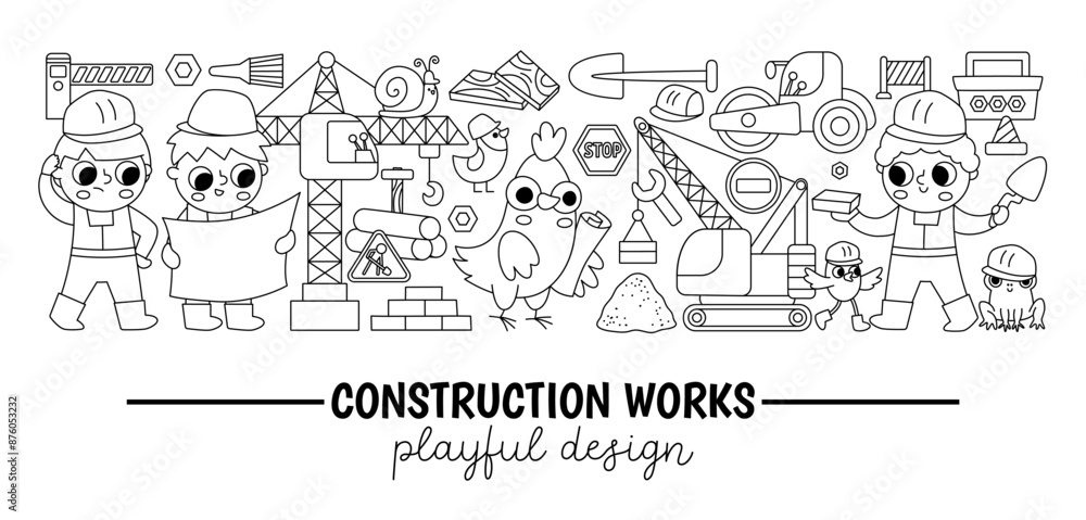 Vector black and white construction site horizontal border line set ...