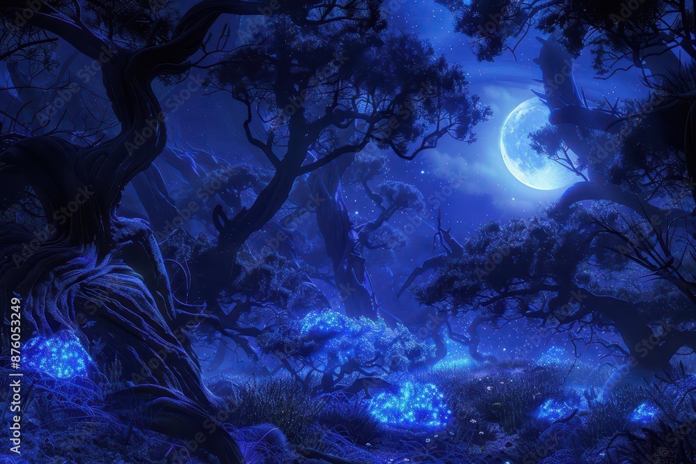 enchanted bioluminescent forest under a giant moonlit sky with ethereal ...