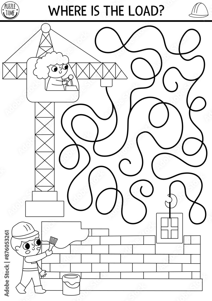 Construction site black and white maze for kids with lifting crane ...