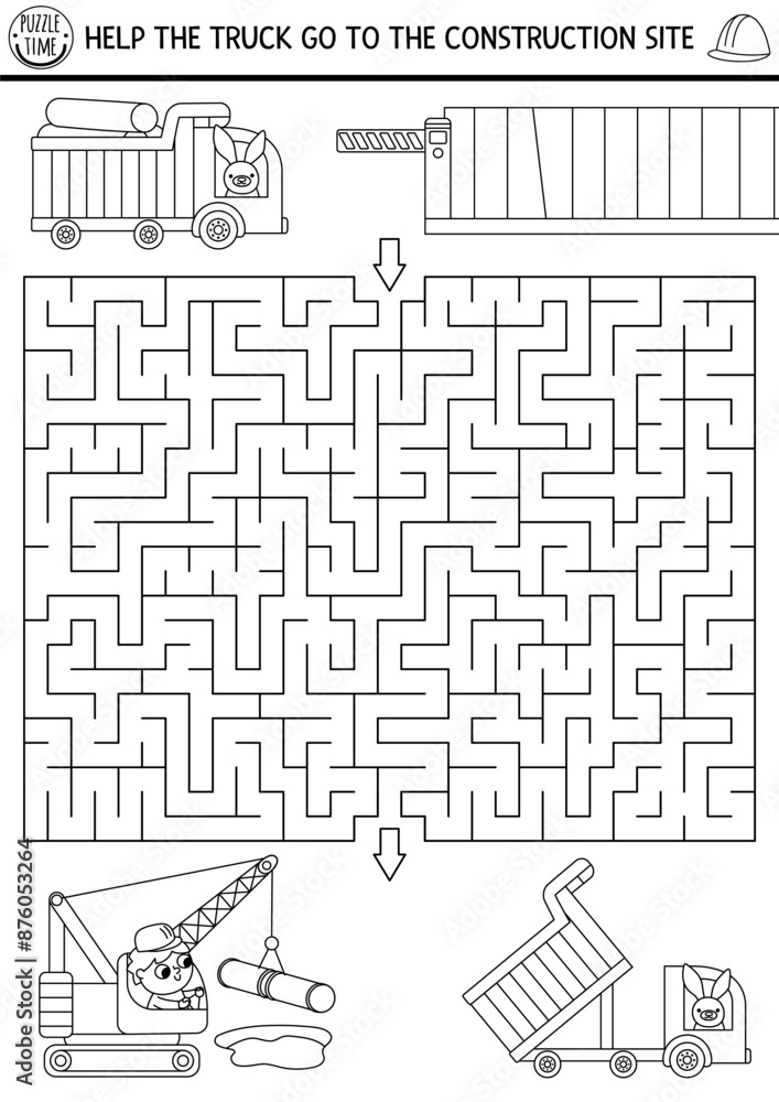Construction site black and white geometrical maze for kids with road ...