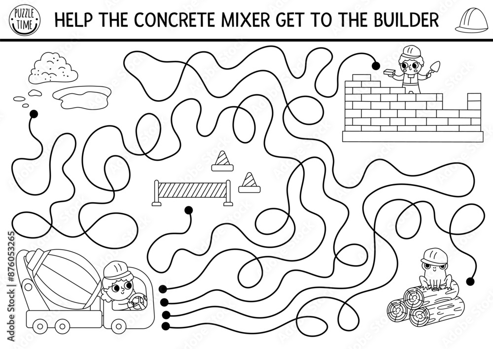 Construction site black and white maze for kids. Help concrete mixer go ...