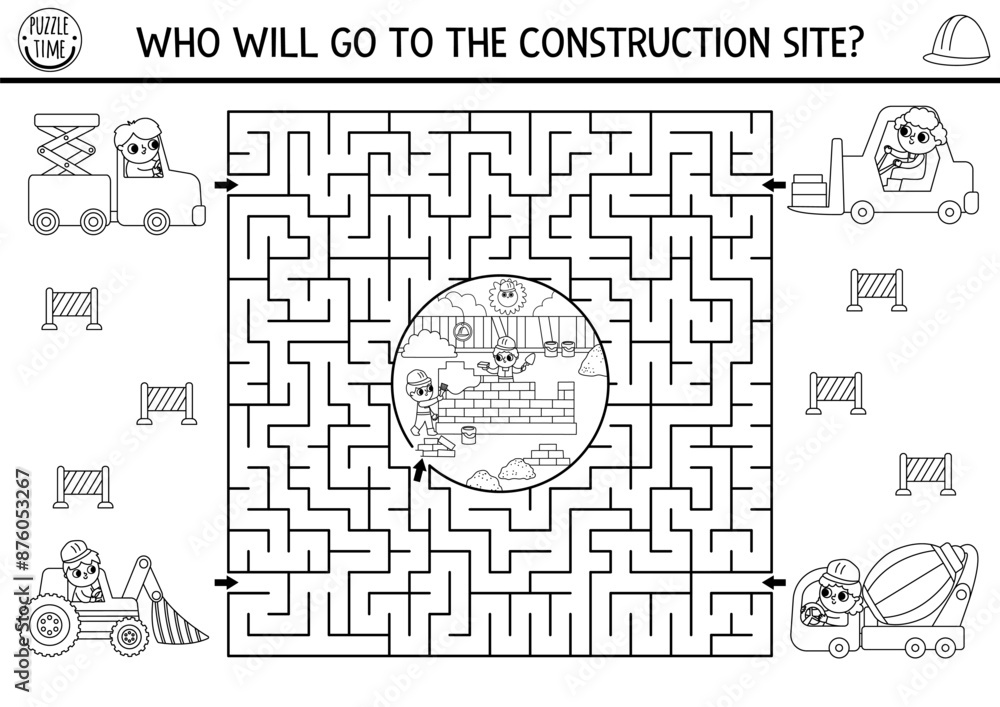 Vetor de Construction site black and white geometrical maze for kids ...