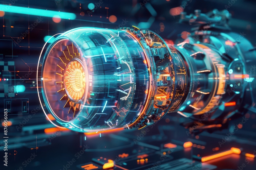 futuristic aircraft engine crosssection holographic overlay with ...