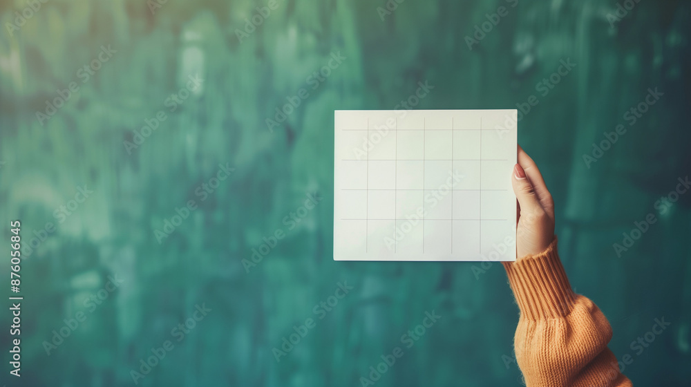 hand holding up a minimalist calendar with a timeline on it, stationary ...