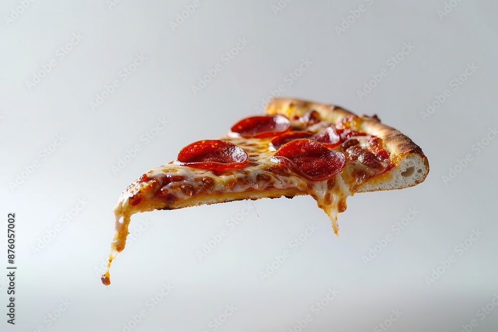 gourmet pepperoni pizza slice floating midair cheese stretching ...